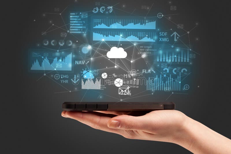 Hand Using Phone with Application Icons Flying Around Editorial Photo ...