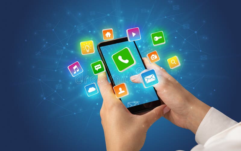 Hand Using Phone with Shiny Application Icons Stock Illustration ...