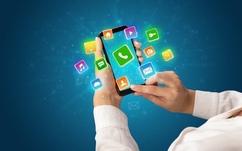 Hand Using Phone with Shiny Application Icons Stock Photo - Image of ...