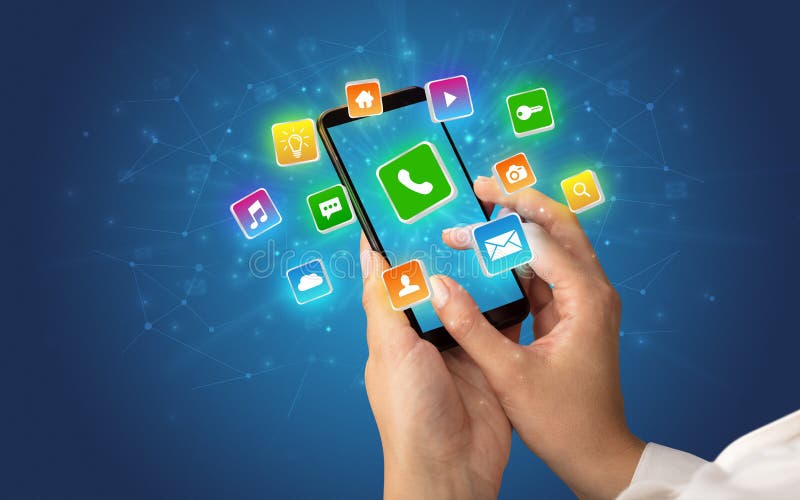 Hand Using Phone with Shiny Application Icons Stock Photo - Image of ...