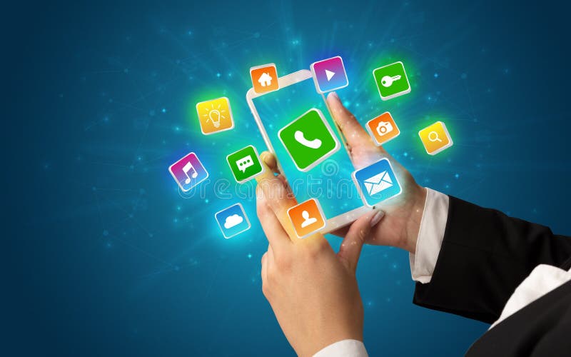 Hand Using Phone with Shiny Application Icons Stock Photo - Image of ...