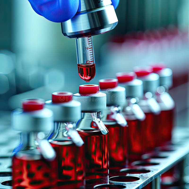 A Hand Holds a Pipette Over Bottles with Red Liquid in Them Stock Image ...
