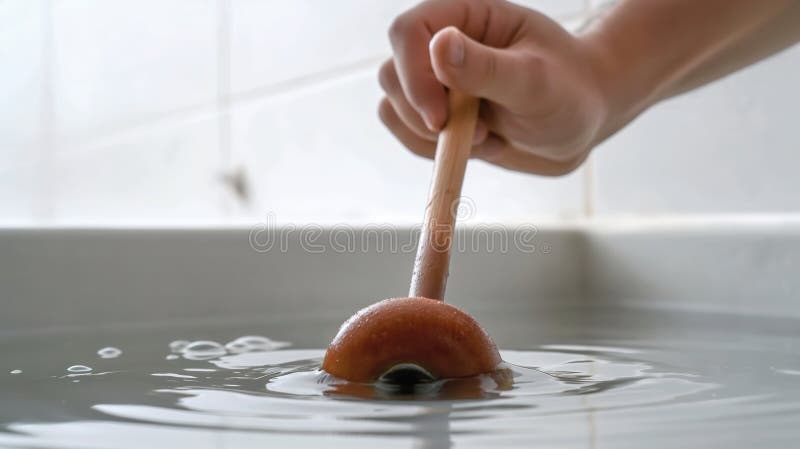 Hand Using a Plunger in a Water-filled Sink. the Image Captures the Act ...