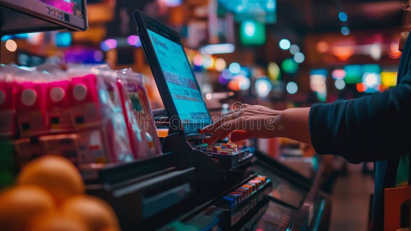 Hand Using Point of Sale System at Grocery Store Checkout Stock Image ...