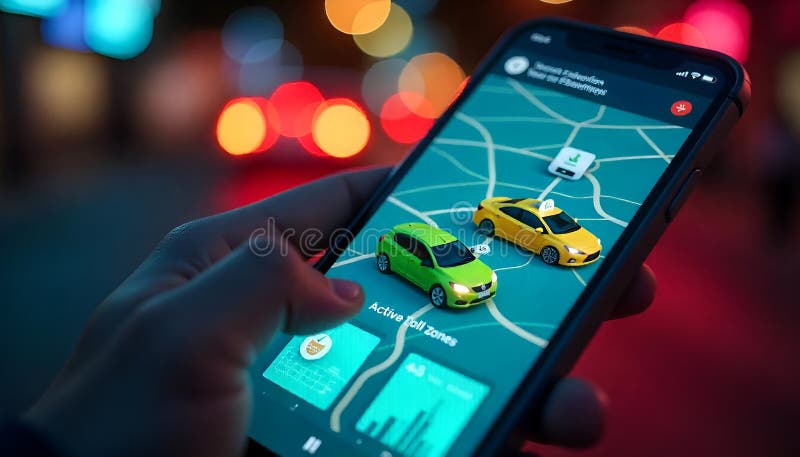 Hand Using Rideshare App on Smartphone at Night Stock Illustration ...