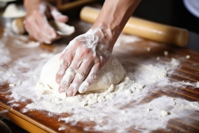 Hand Using a Rolling Pin on Dough for Bao Buns on a Flour Dusted ...