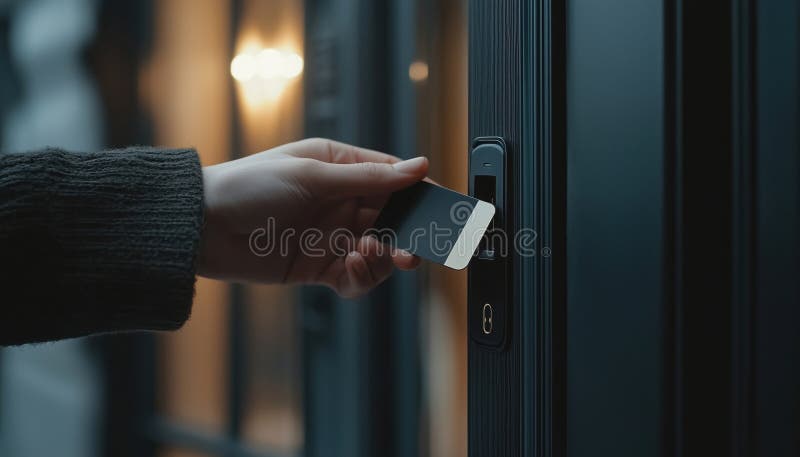 Hand Using Security Key Card To Scan and Access Private Building with ...