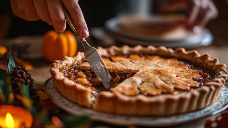 A Hand Using a Server To Cut into a Pumpkin Pie Stock Illustration ...