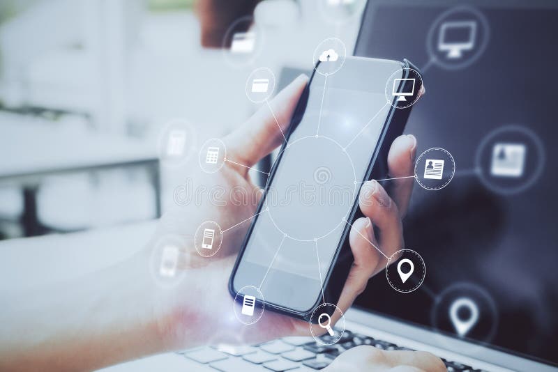 Hand Using Smart Phone with Abstract Digital Interface Stock Image ...