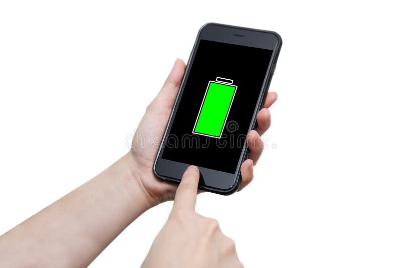 Hand Using Smart Phone with Full Battery Sign Stock Photo - Image of ...