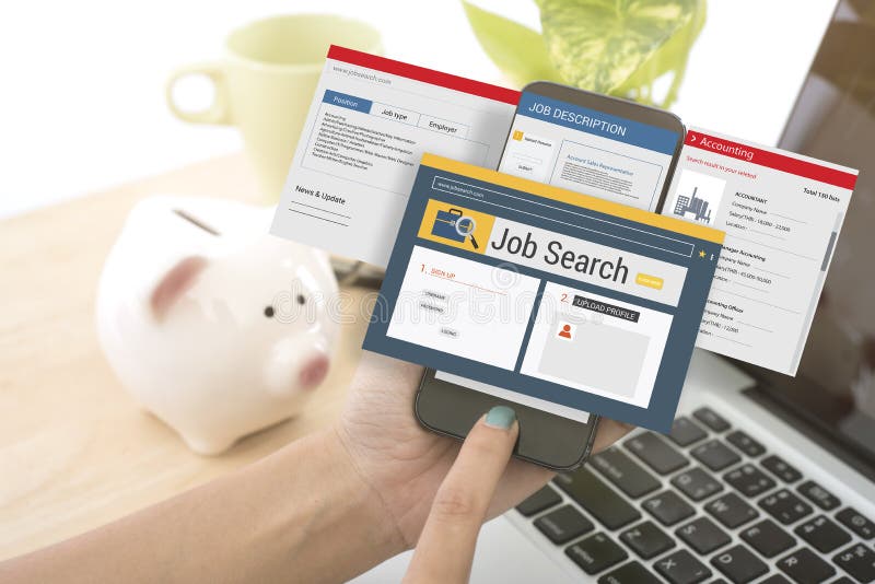 Hand Using Smart Phone with Job Search Web Homepage on Screen. Stock ...