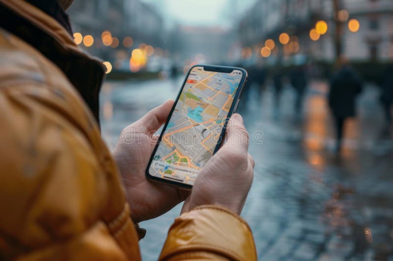 Hand Using Smart Phone Navigation in City Stock Image - Image of ...