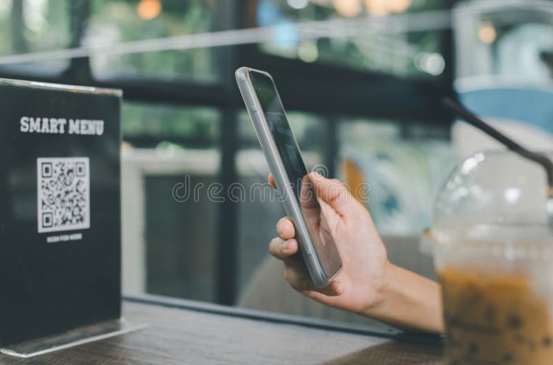 Hands Using Smart Phone Scan QR Code on Smart Menu Online To Select ...