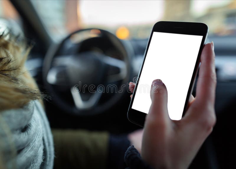 Hand Using Smart Phone at Steering Wheel. Mock Up Image, Blank S Stock ...