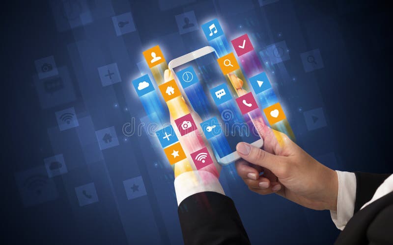 Hand Using Smartphone with Angular App Icons Stock Image - Image of ...