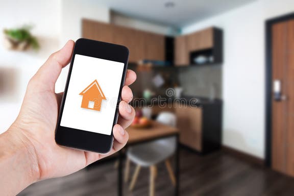 Hand Using Smartphone by App Smart Home on Mobile Stock Image - Image ...