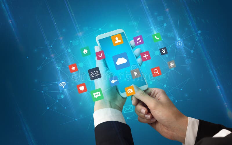 Hand Using Smartphone with Application Icons Stock Illustration ... Hand Using Smartphone with Application Icons Stock Illustration ...