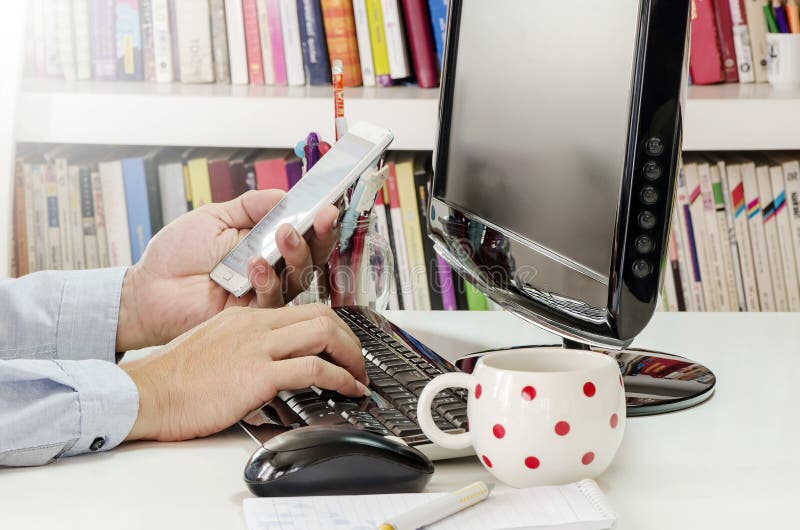 Hand Using Smartphone and Computer Stock Image - Image of mobile ...