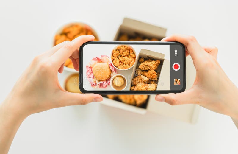 Hand Using Smartphone with Fast Food Fried Chicken Photography. Stock ...