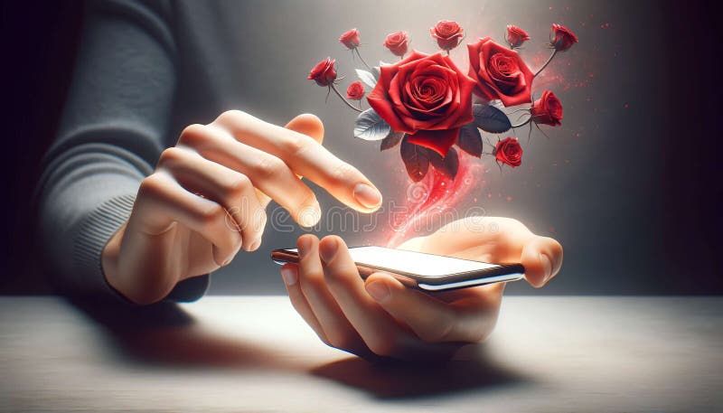 Hand Using Smartphone with Floating Red Roses Stock Illustration ...
