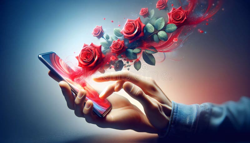 Hand Using Smartphone with Floating Red Roses Stock Illustration ...