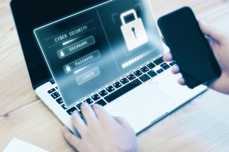 Hand Using a Smartphone and Laptop with Cybersecurity Lock Graphics ...