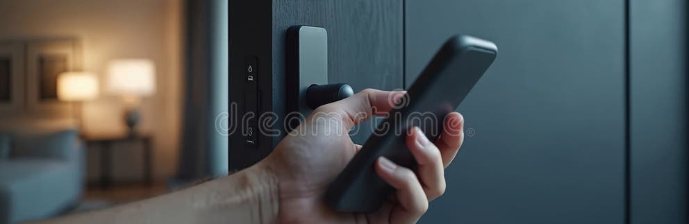 Hand Using Smartphone Opens Digital Door Lock. Modern Tech, App, Wireless Security System. Smart ...