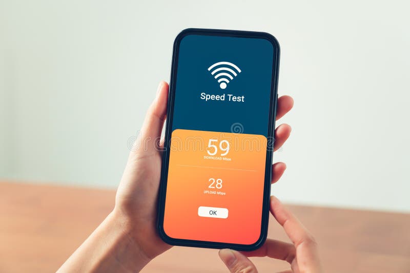 Hand Using Smartphone with Showing WIFI Speed Test and Loading Bar for ...