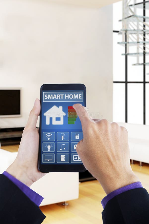 Hand Using Smartphone with Smart House App Stock Photo - Image of home ...