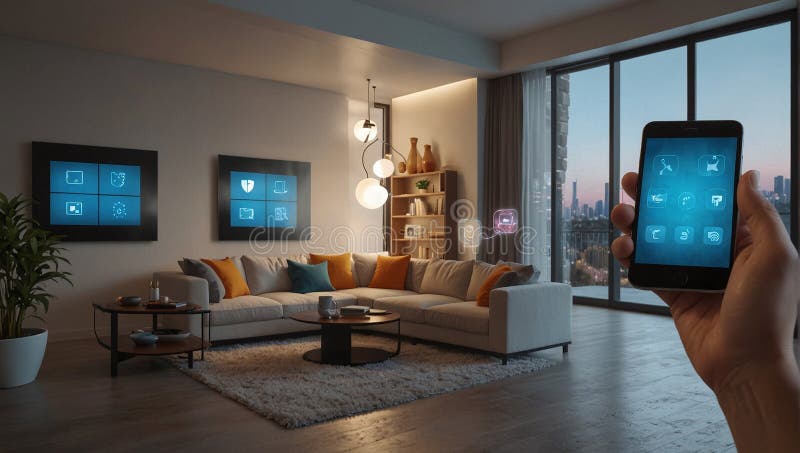 Hand Using Smartphone To Control Smart Home Devices in a Modern Living ...