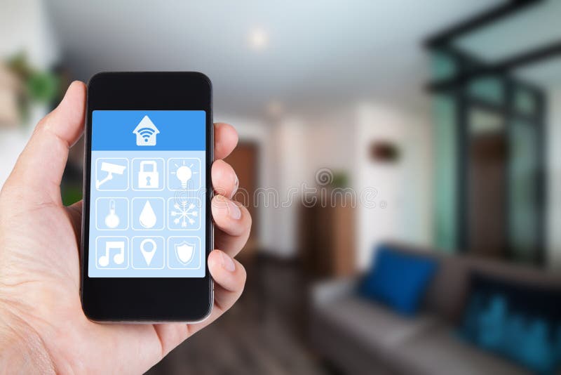 Hand Using Smartphone To Smart Home App on Mobile. Stock Photo - Image ...