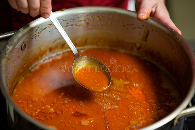 Hand Using a Spoon To Sample a Sauce from a Cooking Pot Stock Photo ...