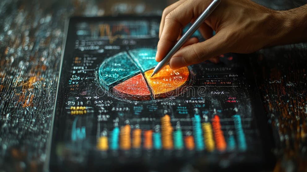 Hand Using Stylus with Digital Pie Chart on Modern Tablet Screen Stock ...