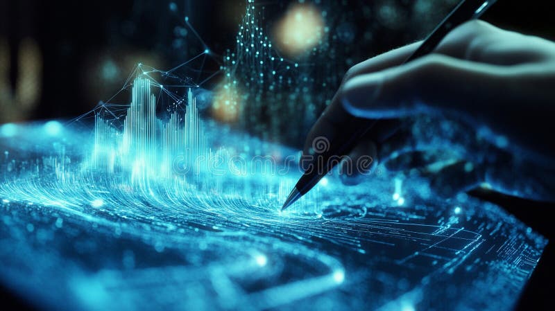 Hand Using Stylus on Futuristic Digital Interface Showing Data and ...