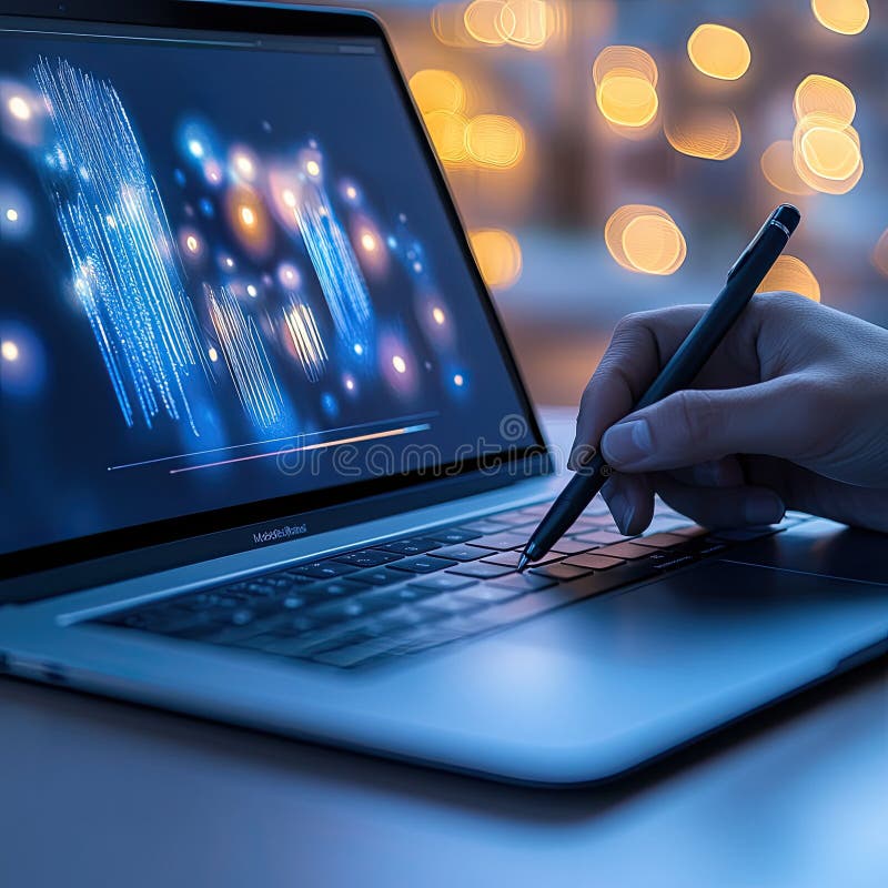Hand Using Stylus on Laptop with Digital Data Visualization Stock Photo ...