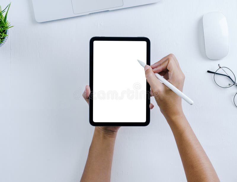 Hand Using Stylus Pen on Tablet Stock Image - Image of blank, mockup ...