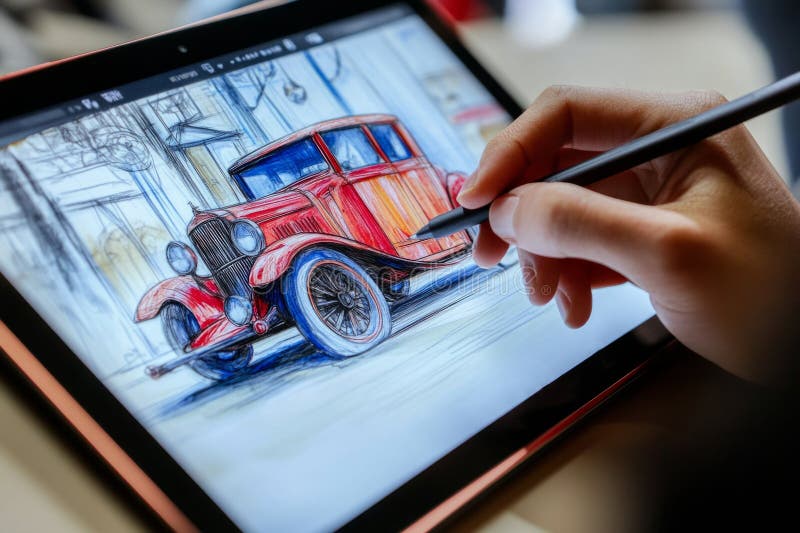 Hand Using Stylus Pen Drawing Classic Red Car on a Tablet in Design ...