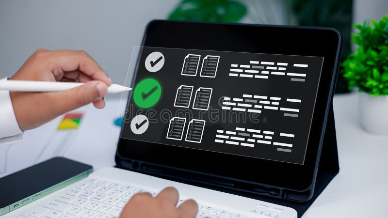 Hand Using Stylus on Tablet Digital Checklist Interface for ...