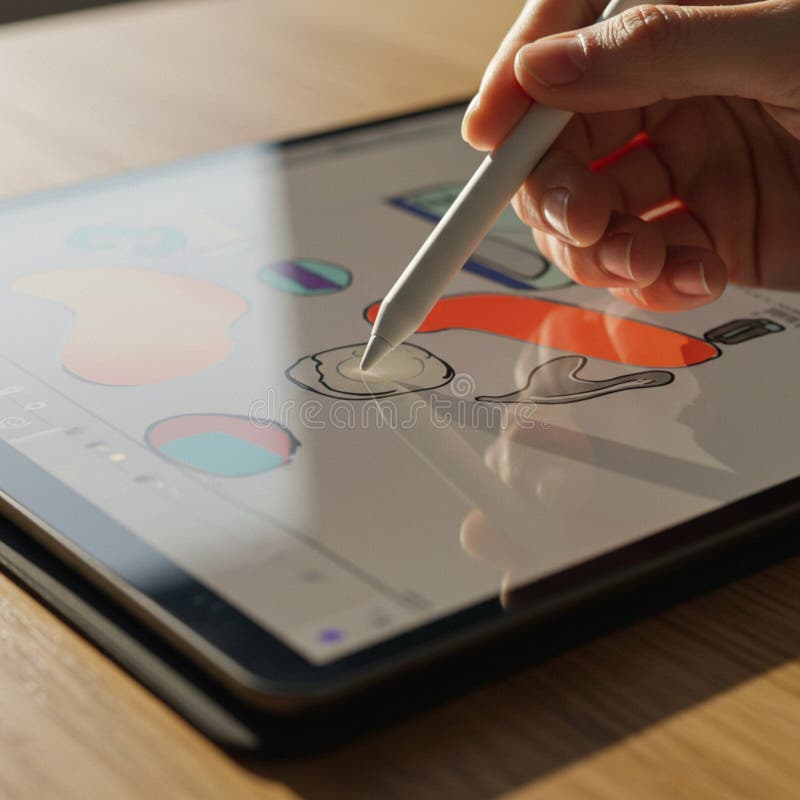 Hand Using a Stylus on a Tablet, Drawing Colorful Abstract Shapes. the ...