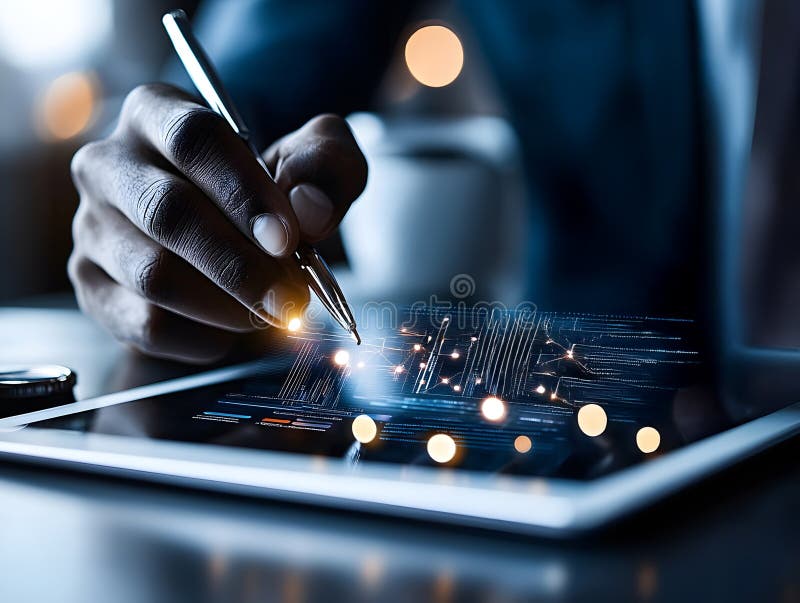 Hand Using Stylus on Tablet with Futuristic Digital Interface ...