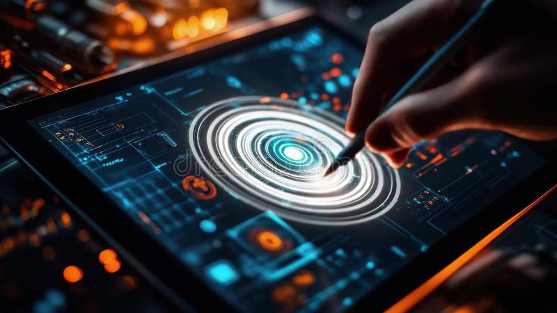 Hand Using Stylus on Tablet with Glowing Interface Displaying Circular ...