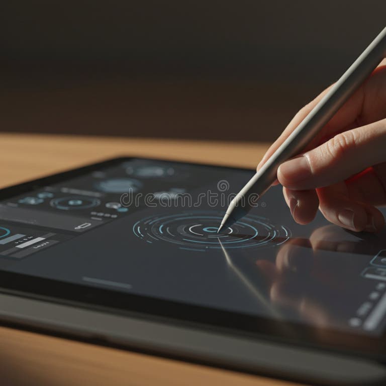 A Hand Using a Stylus on a Tablet Screen Displaying Digital Interfaces ...