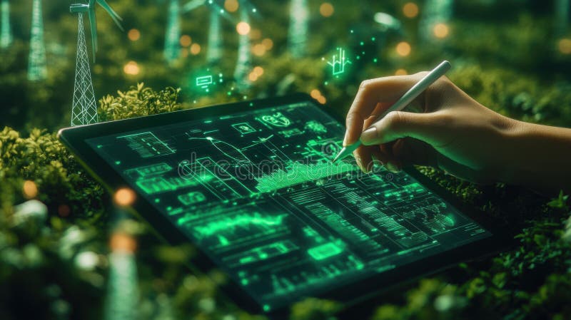 Green Technology Data Analysis on a Tablet in a Lush Forest Stock ...