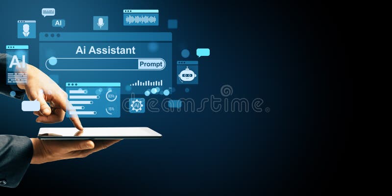 Hand Using Tablet with AI Assistant Interface on Dark Background Stock ...