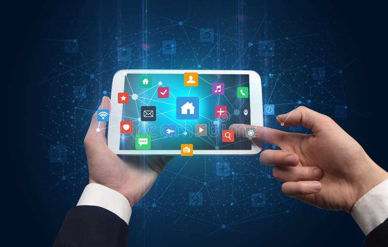 Hand Using Tablet with Bounce Application Symbols Concept Stock Photo ...