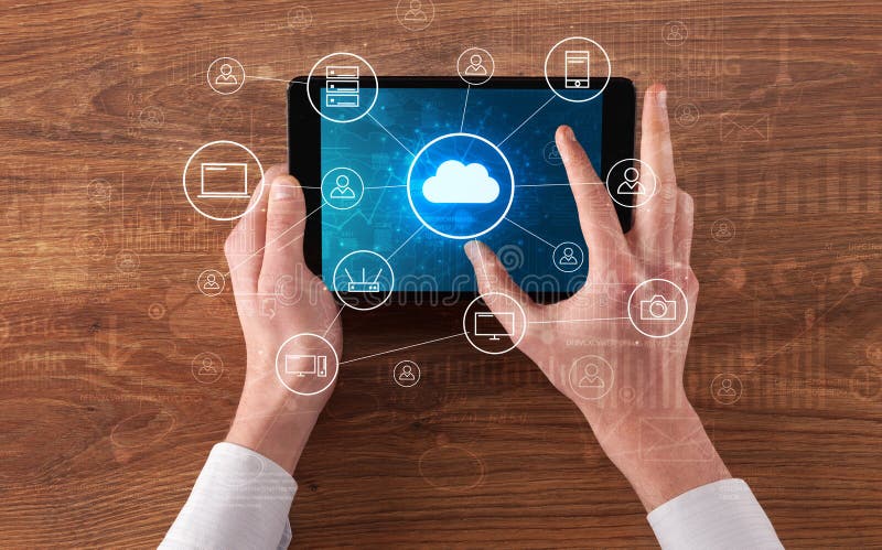 Hand Using Tablet with Centralized Cloud Computing System Concept Stock ...