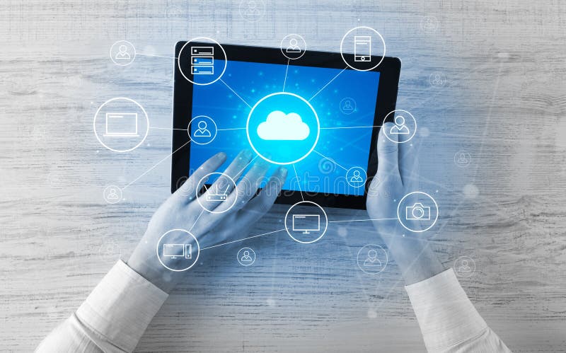 Hand Using Tablet with Centralized Cloud Computing System Concept Stock ...