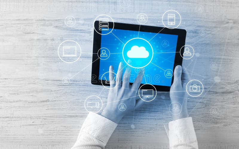 Hand Using Tablet with Centralized Cloud Computing System Concept Stock ...