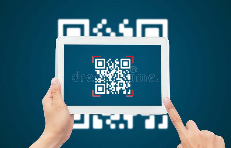 Hand Using Tablet Computer Scan Qr Code on Blue Background. Stock Photo ...