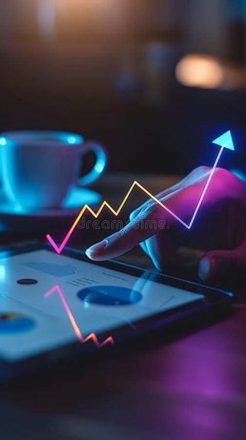 Hand Using a Tablet with a Digital Financial Graph Overlay. Business ...